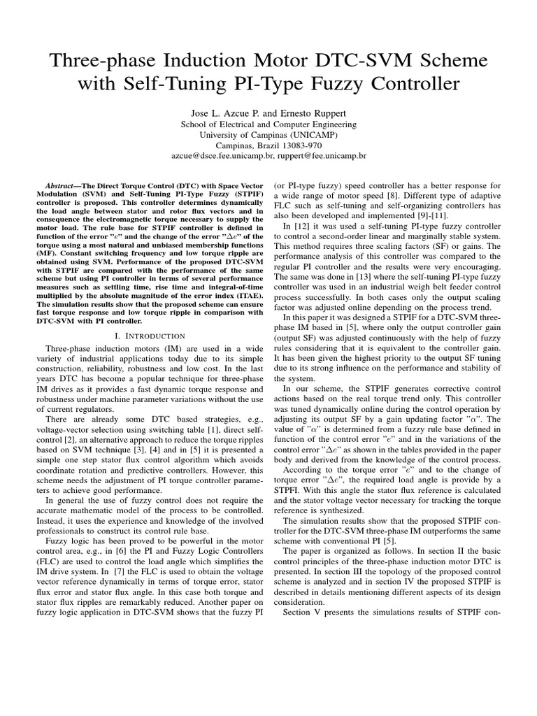 Three-Phase Induction Motor DTC-SVM Scheme With Self-Tuning PI-Type Fuzzy Controller | PDF ...