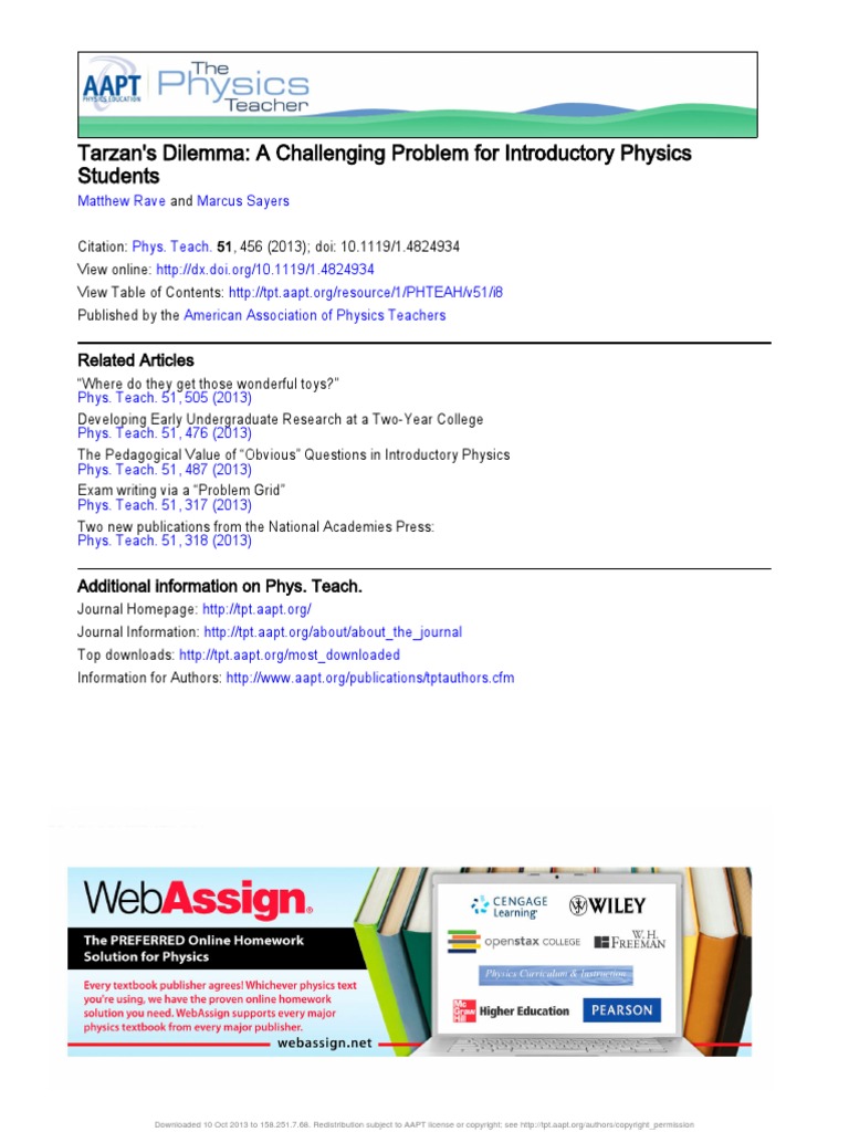 Tarzan's Dilemma: A Challenging Problem For Introductory Physics ...