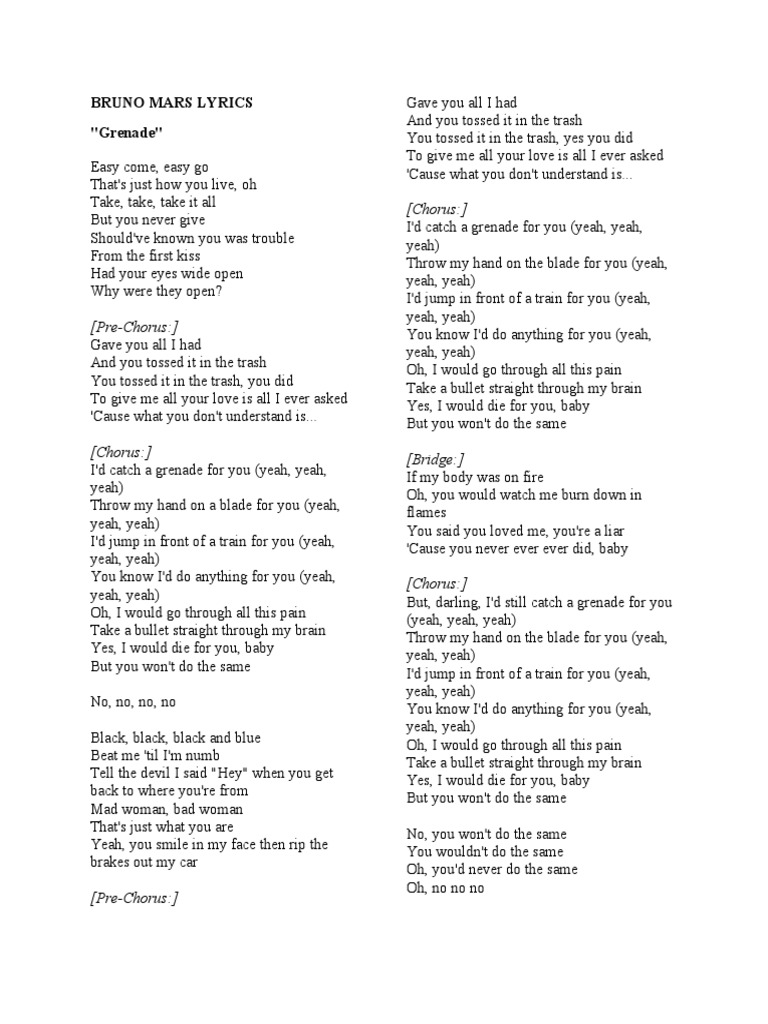 Bruno Mars - Grenade Lyrics | PDF