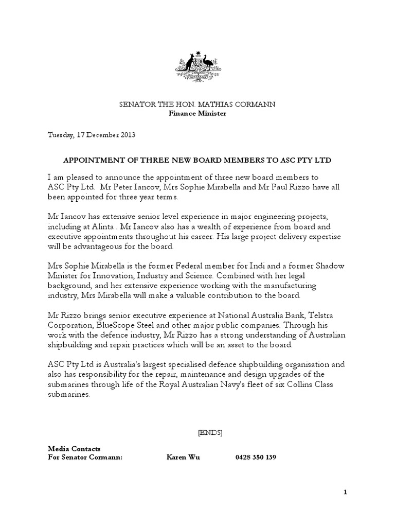 ASC Board Appointments - Media Release | PDF | Business