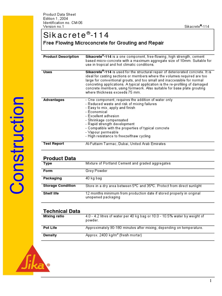 Sikacrete - 114: Free Flowing Microconcrete For Grouting and Repair ...