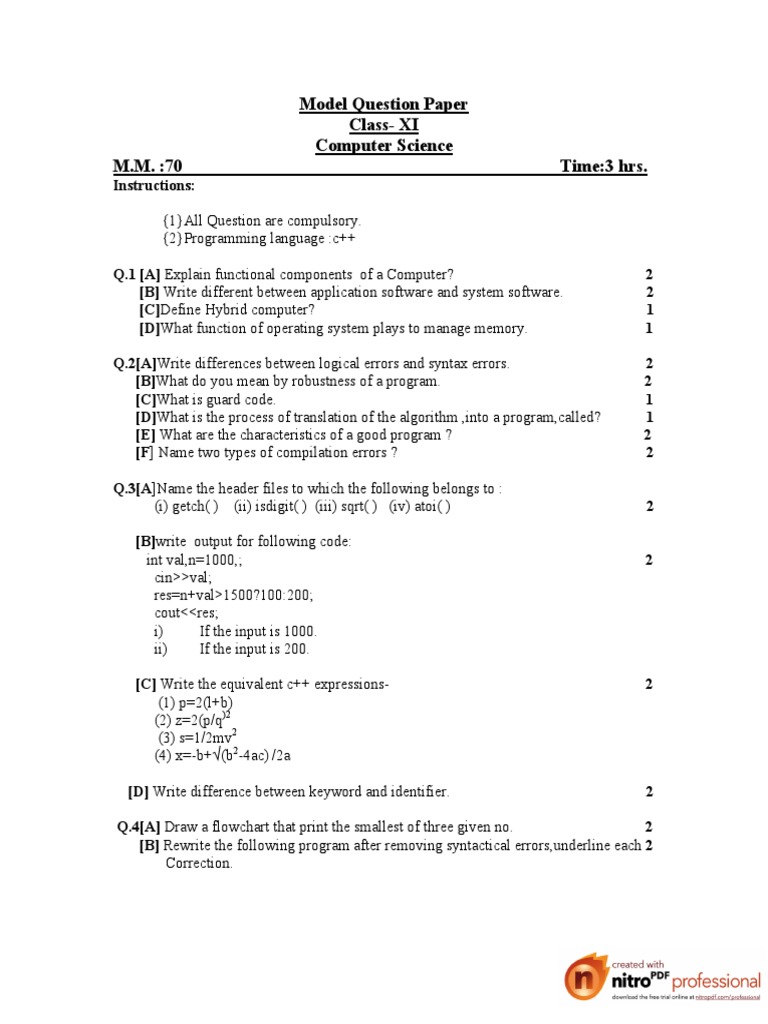 Model Question Paper Class-XI Computer Science M.M.:70 Time:3 Hrs | PDF ...