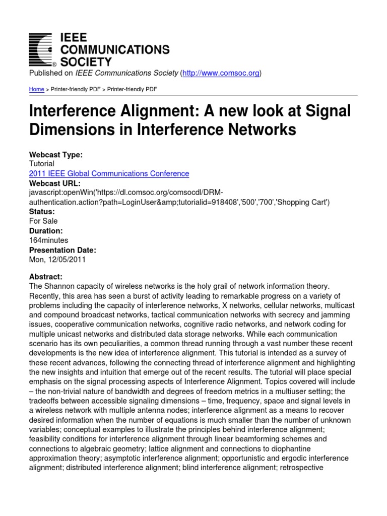 Ieee Communications Society - Interference Alignment A New Look at Signal Dimensions in ...