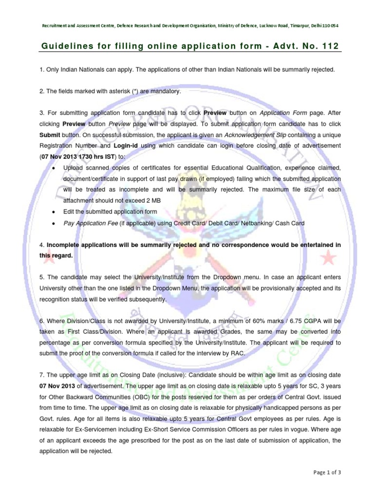 Guidelines For Filling Online Application Form - Advt. No. 112 | PDF ...