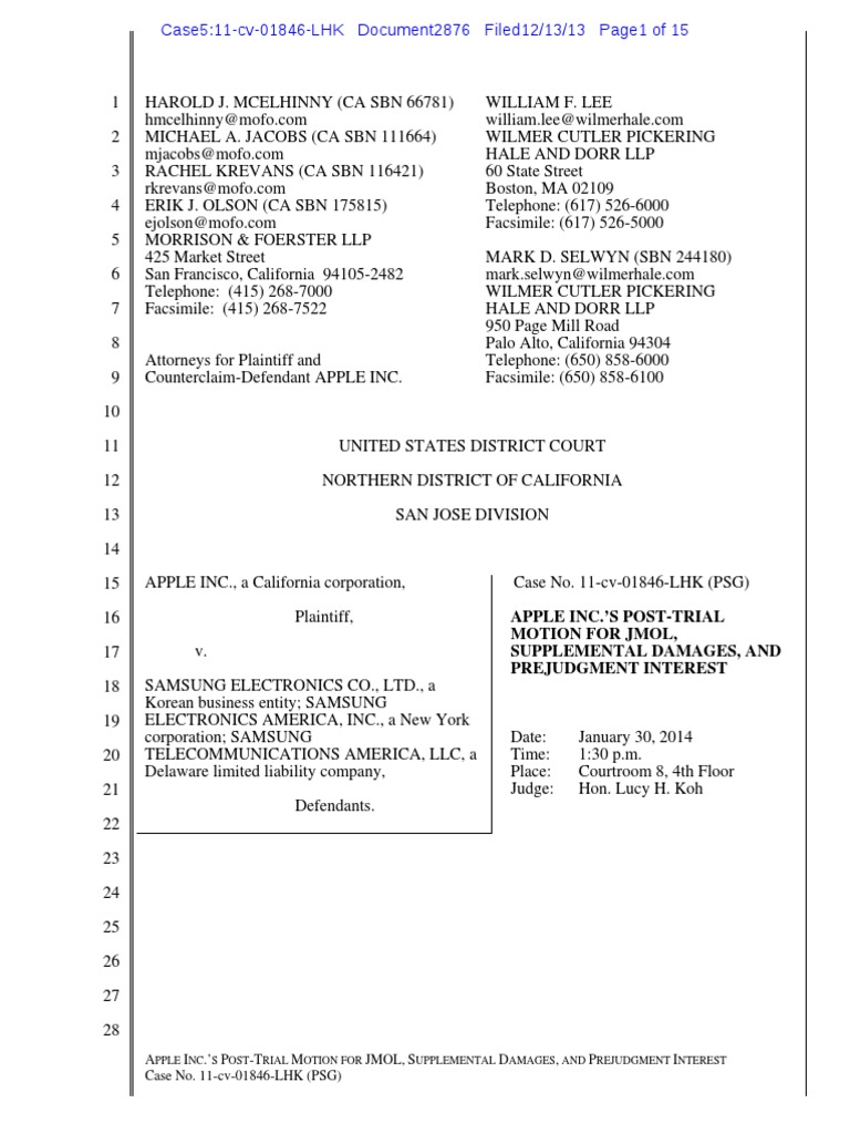 13-12-13 Apple's Motion for Judgment as a Matter of Law | Damages | Judgment (Law) | Free 30-day ...