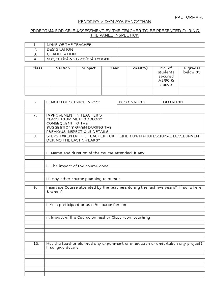 Proforma-A Self Assessment | Educational Assessment | Teachers