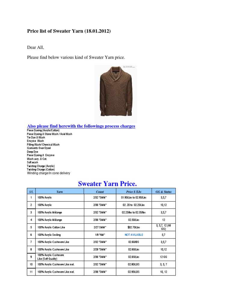 yarn price list of sweater yarn 18 01 2012 | Dyeing | Dye