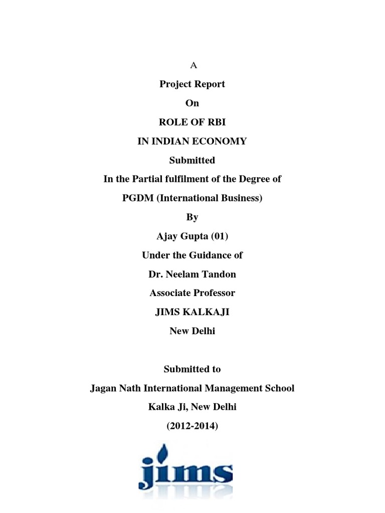 A Project Report of Indian Financial System On Role of Rbi in Indian ...