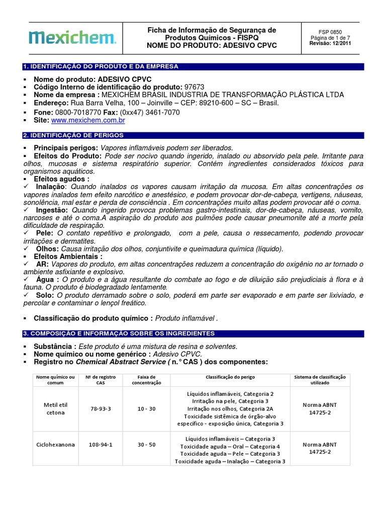FISPQ Adesivo-Cpvc Mexichem | PDF | Oxigênio | Combustão