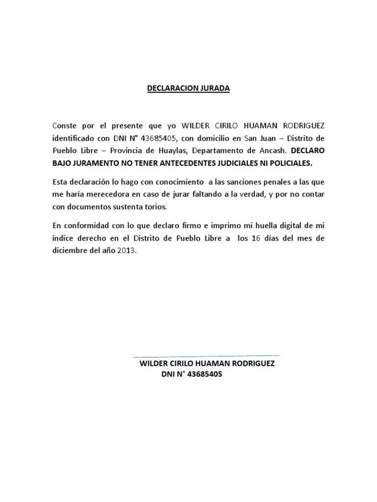 Declaración Jurada de No Antecedentes | PDF