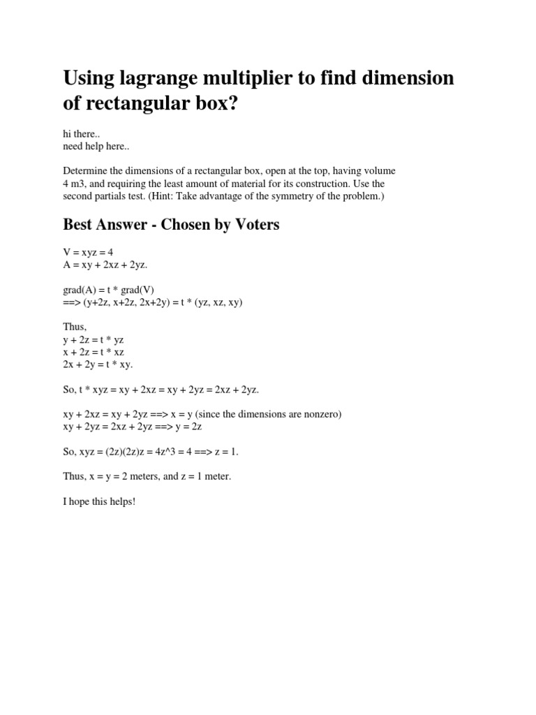 Lagrange Multiplier for Box Dimensions | PDF