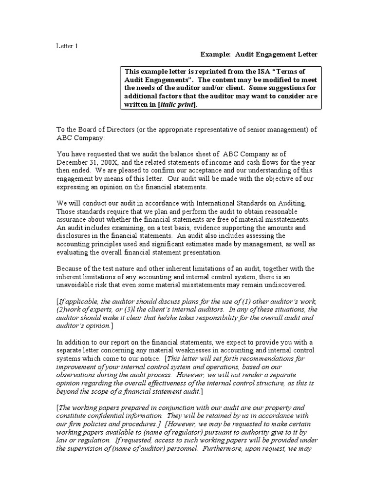 Audit Engagement Letter Example | PDF | Financial Audit | Audit