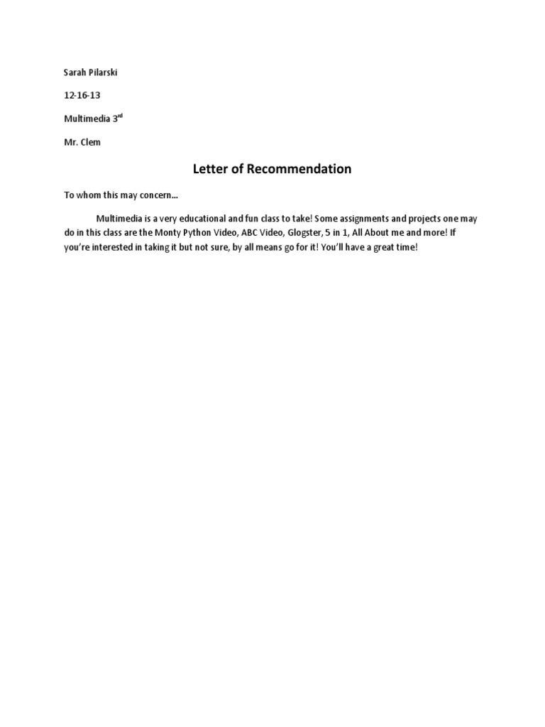 Multimedia Class Recommendation Letter | PDF