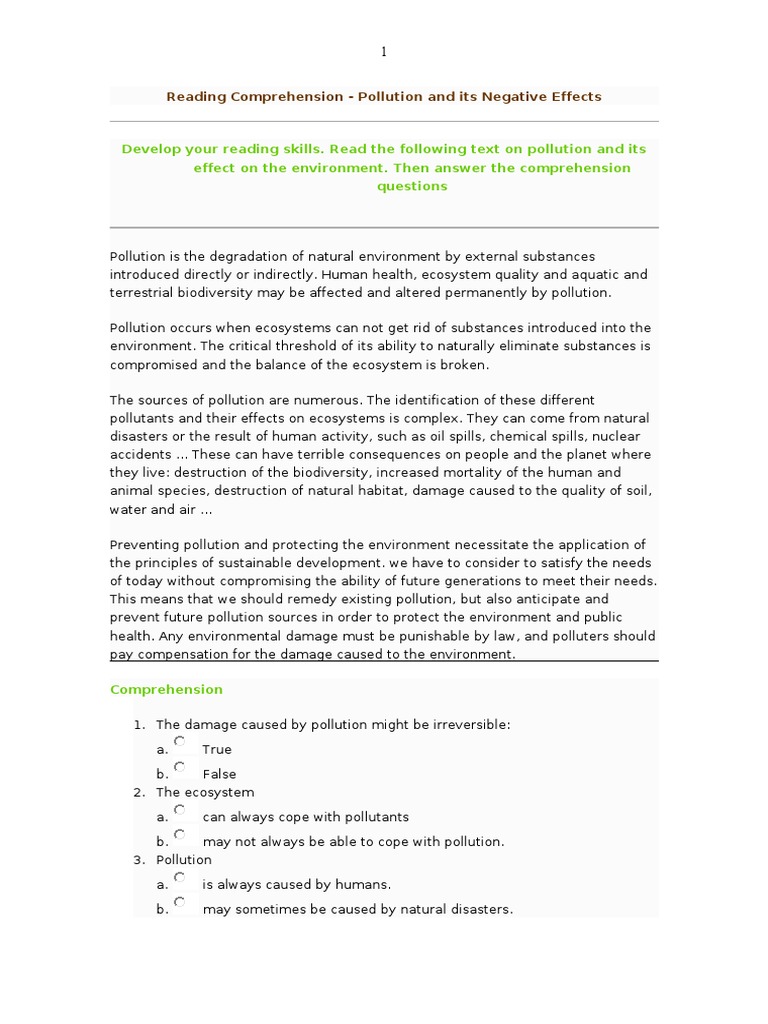 Pollution and Environmental Comprehension | PDF | Climate | Global Warming
