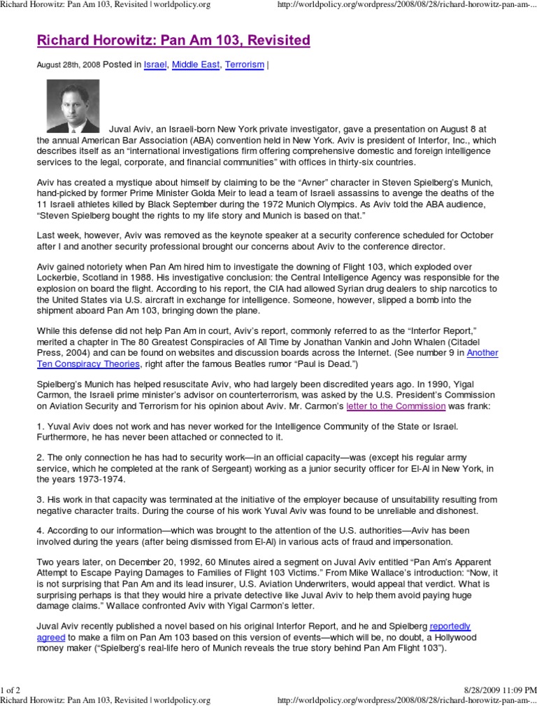 Pan Am 103 Revisited (Juval Aviv) | PDF | National Security | Crime ...