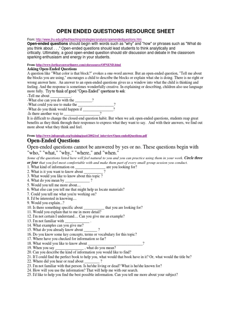 Open Ended Questions Resource Sheet | PDF | Question | Epistemology