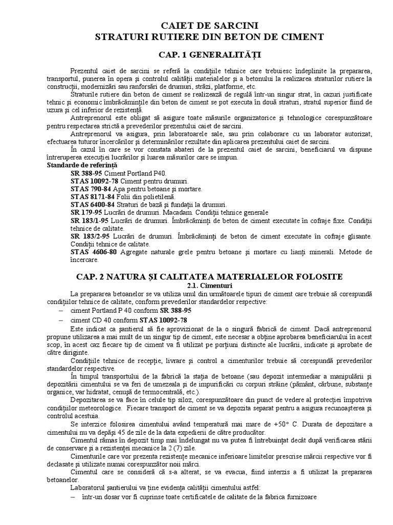 Caiet de Sarcini - Strat Rutier Din Beton de Ciment | PDF