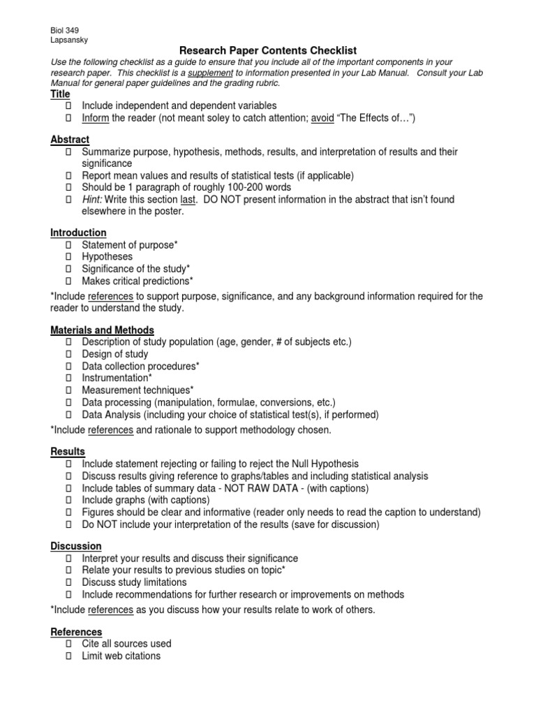Research Paper Contents Checklist: Title | PDF