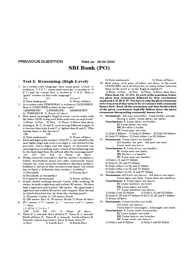 SBI PO Previous Year Question Paper | PDF