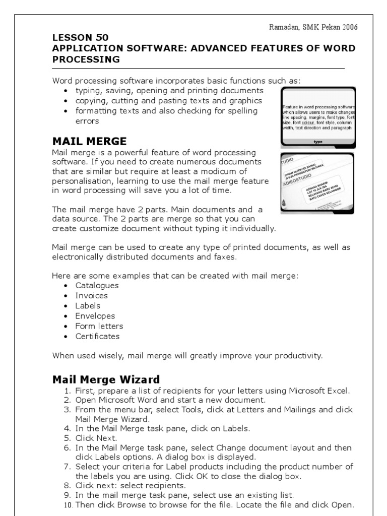 Mail Merge: Lesson 50 Application Software: Advanced Features of Word Processing | PDF ...