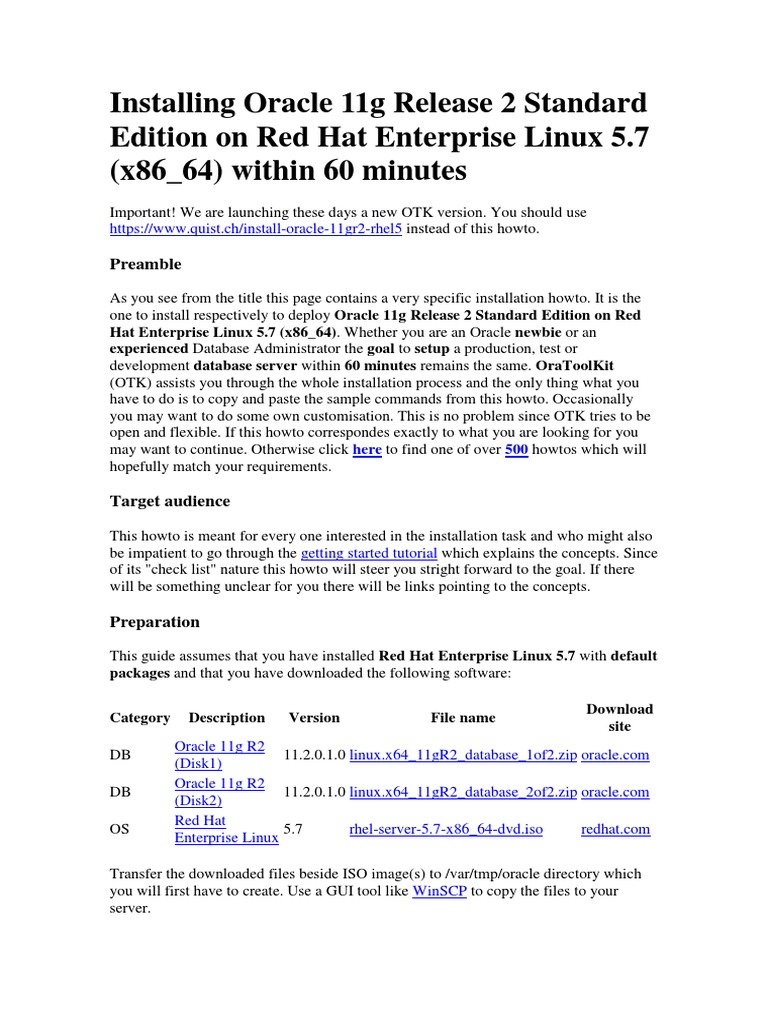 Installing Oracle 11g Release 2 Standard Edition On Red Hat Enterprise Linux 5 | PDF | Oracle ...