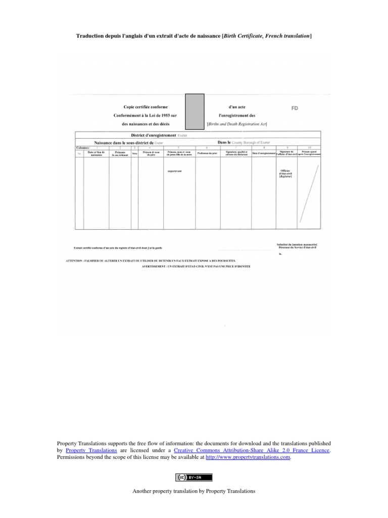 Birth Certificate French Translation - Extrait Acte de Naissance ...