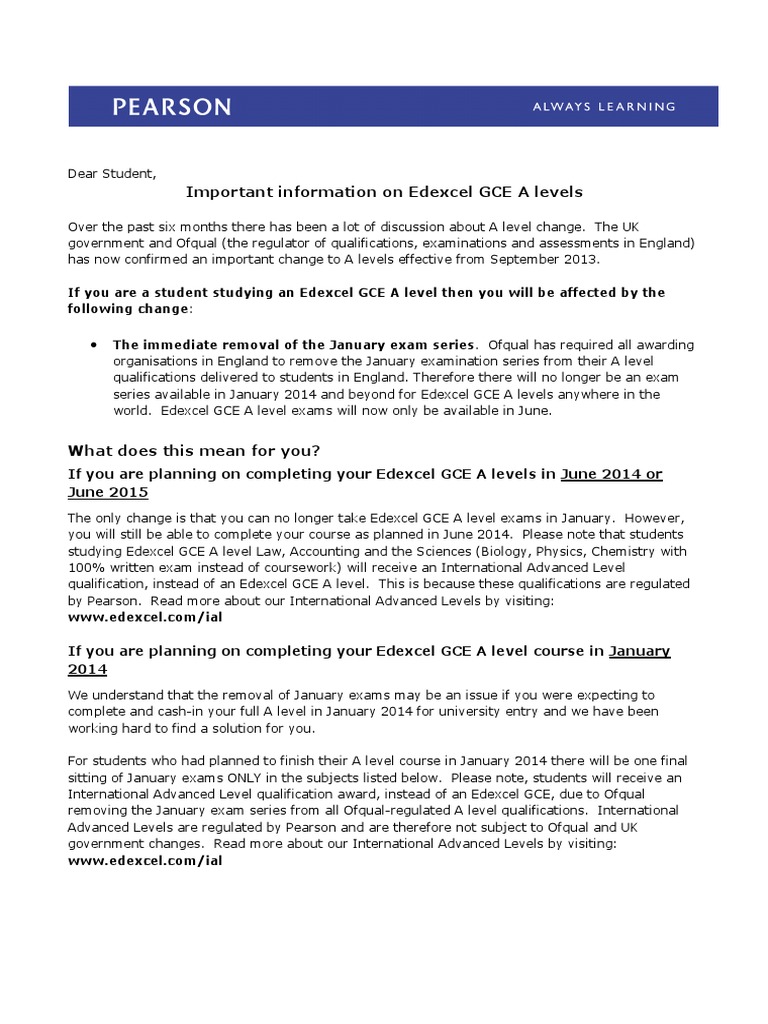Letter To Parents and Students From Edexcel | PDF | Gce Advanced Level ...