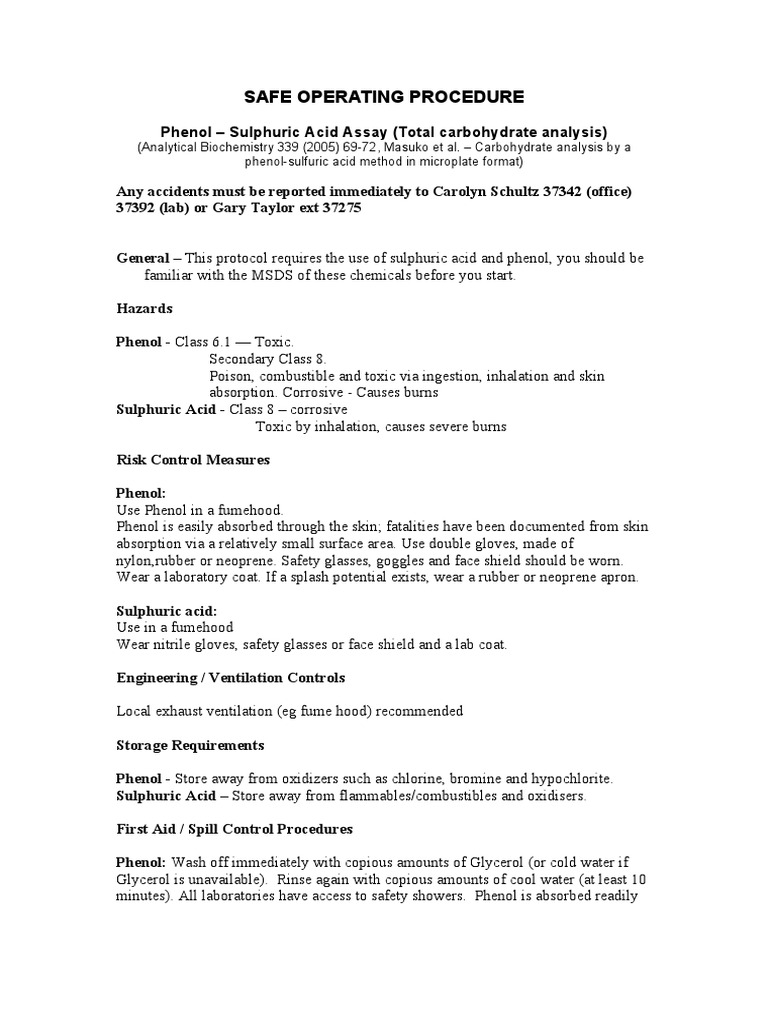 Sop Phenol Sulphuric Acid Assay | PDF | Chemical Substances | Chemistry