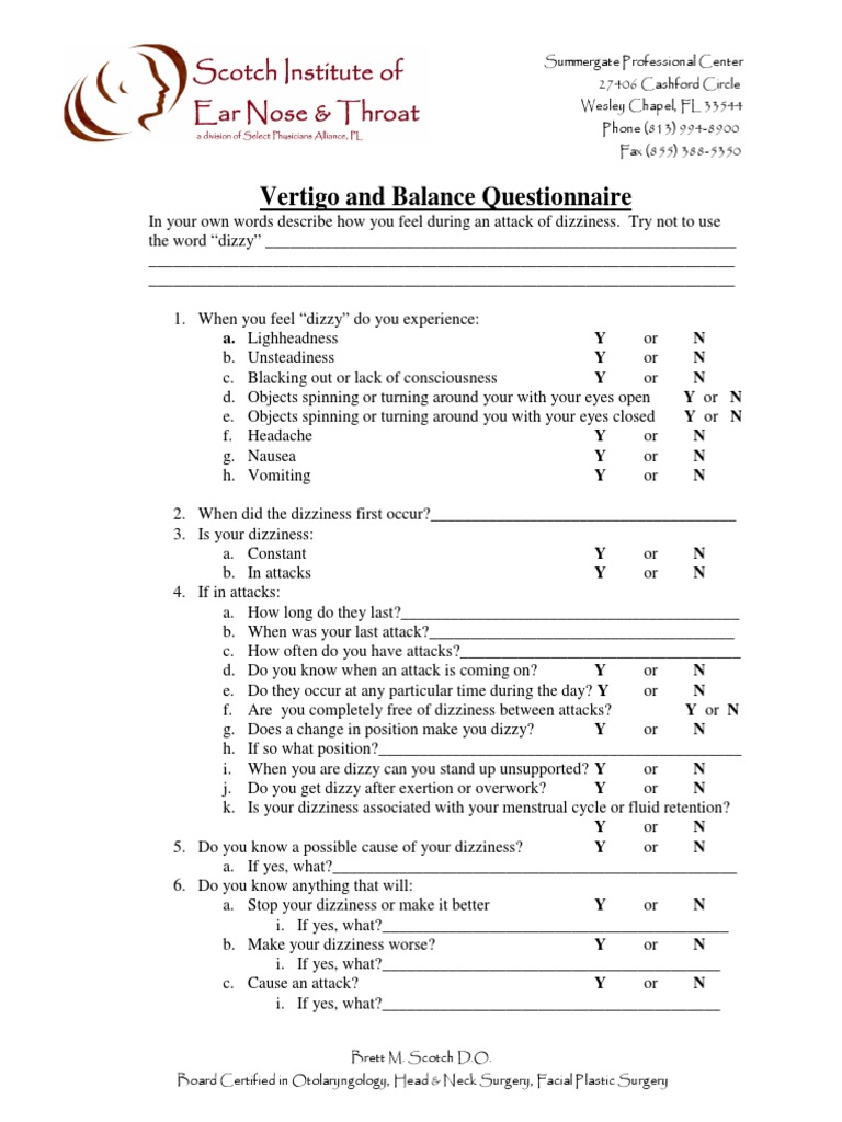 Vertigo and Balance Questionnaire: A. Lighheadness Y N Y N Y N | PDF