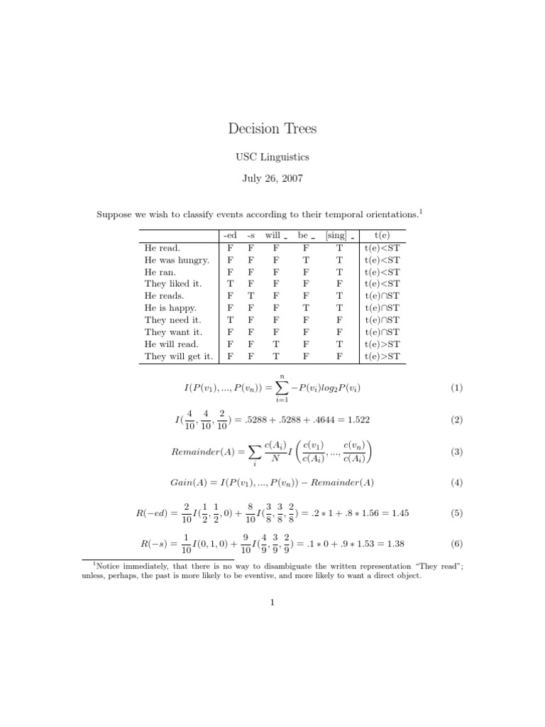 Decision Trees: USC Linguistics July 26, 2007 | PDF | Statistical ... Decision Trees: USC Linguistics July 26, 2007 | PDF | Statistical ...