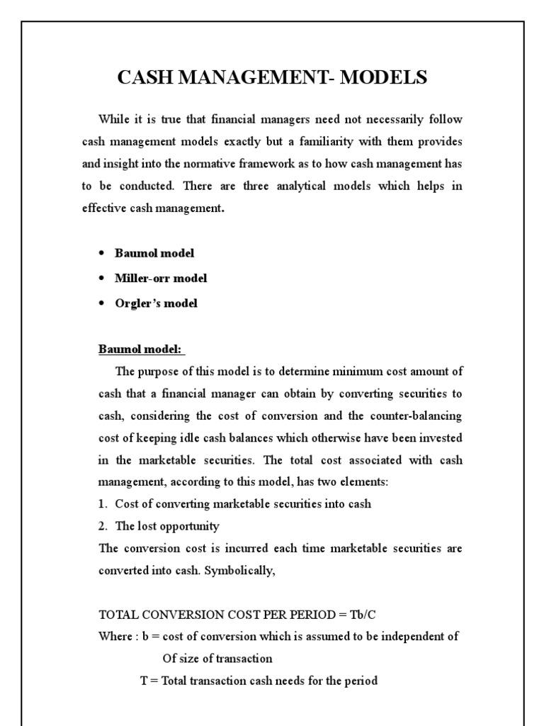 Cash Management-Models: Baumol Model Miller-Orr Model Orgler's Model ...