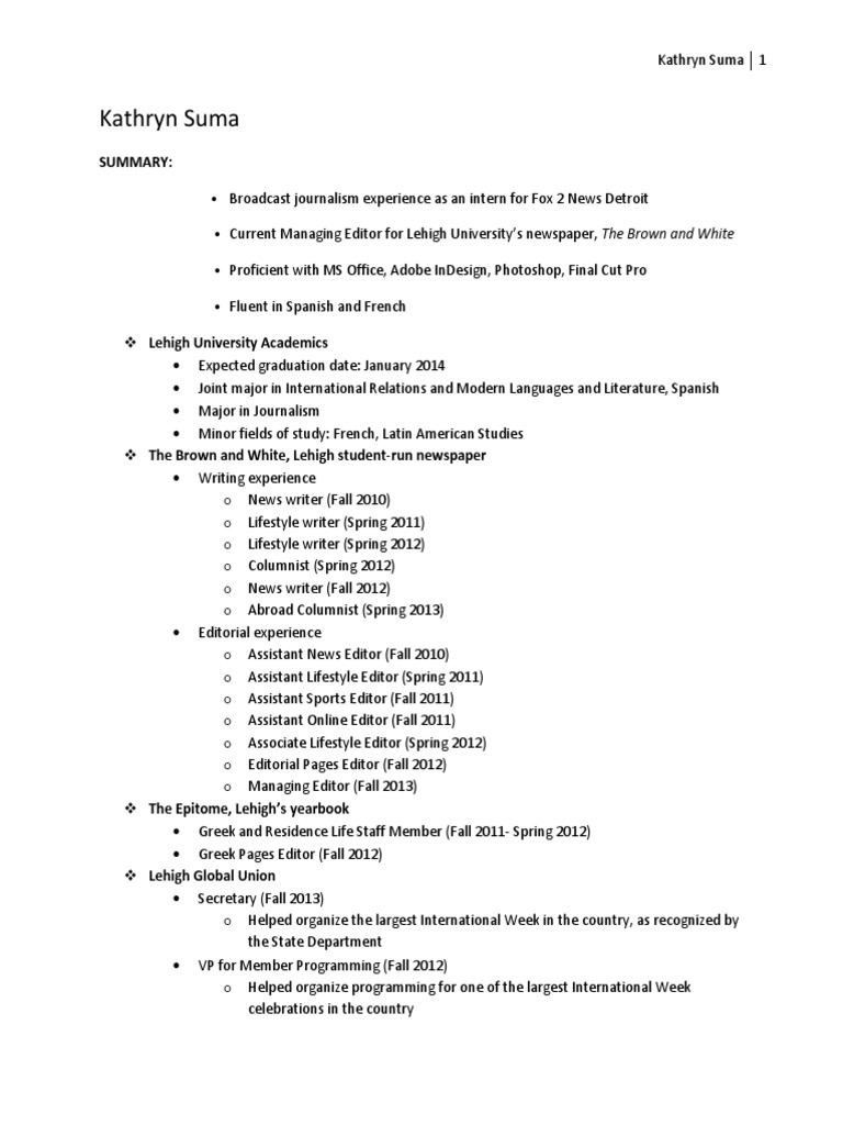 Kathryn Suma's Resume | PDF | Internship | Job Hunting