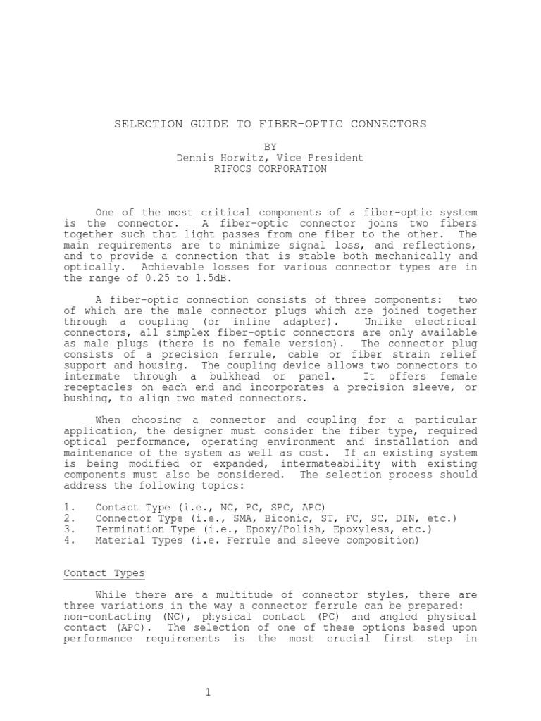 Selection Guide To Fiber Optic Connectors | PDF | Optical Fiber ...