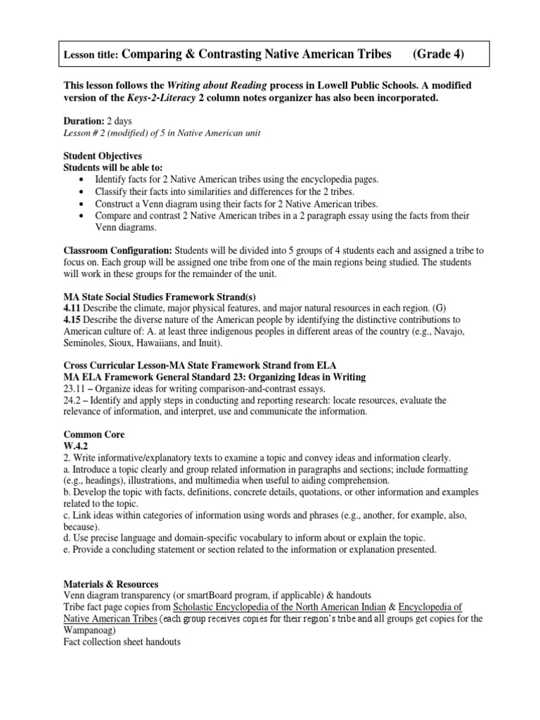 Native American Tribes Compare Contrast Lesson Plan Final Grade 4 | PDF ...