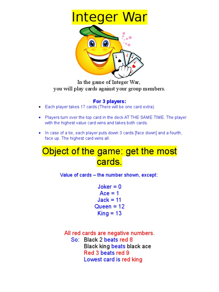 Integer War: Object of The Game: Get The Most Cards | PDF