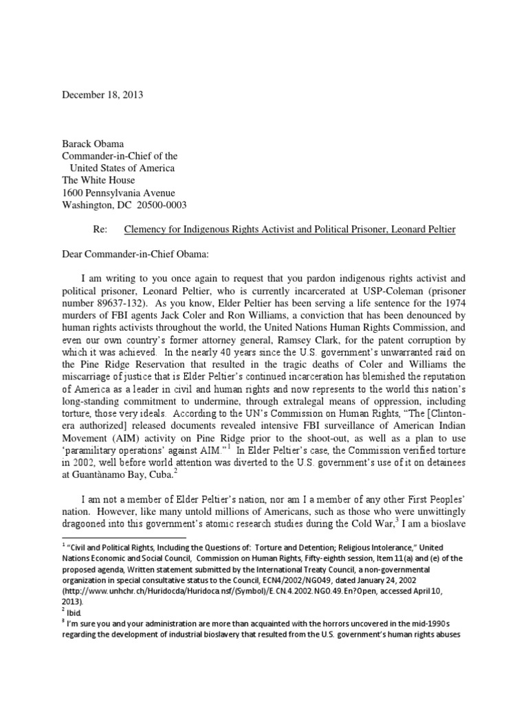 Leonard Peltier Clemency Support Letter To Barack Obama | PDF ...