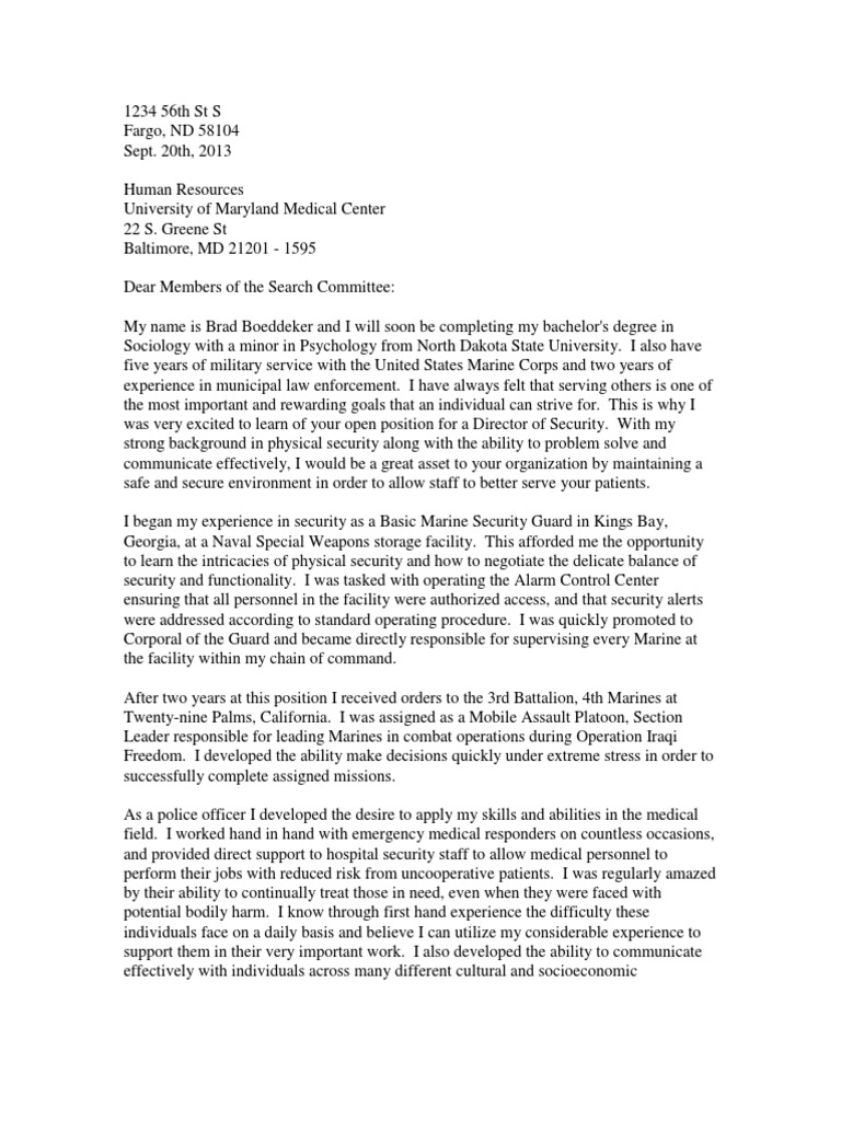 Cover Letter | United States Marine Corps | Physical Security