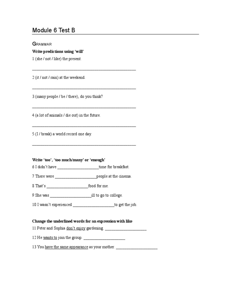 Module 6 Test B: Write Predictions Using Will' | PDF | Leisure
