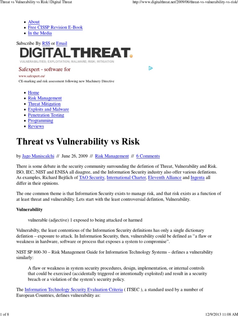 Threat Vs Vulnerability Vs Risk - Digital Threat | PDF | Threat (Computer) | Vulnerability ...