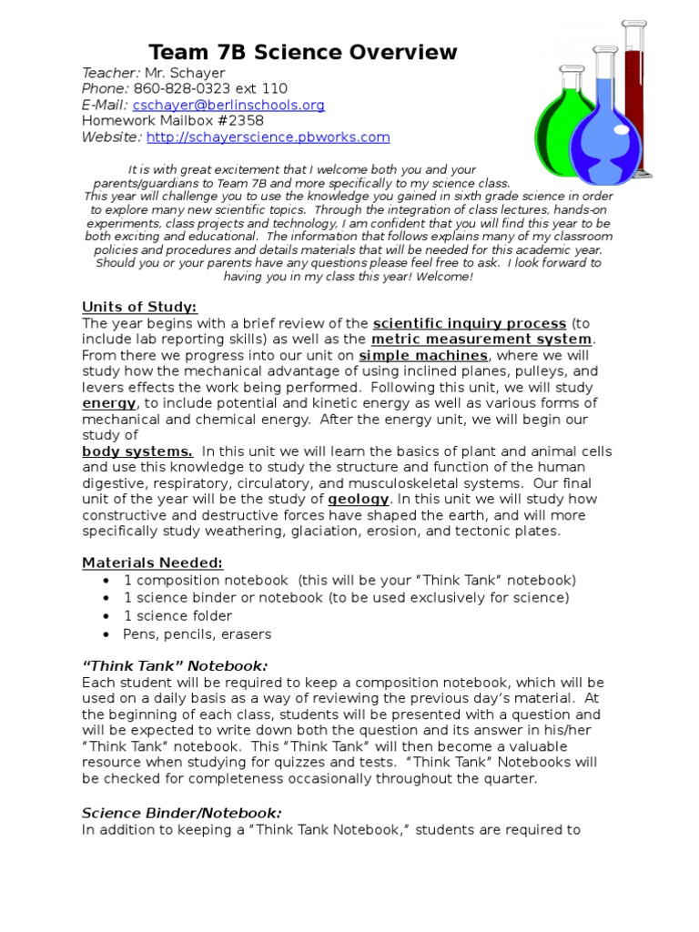 7B Science Class Overview and Policies | PDF | Notebook | Homework
