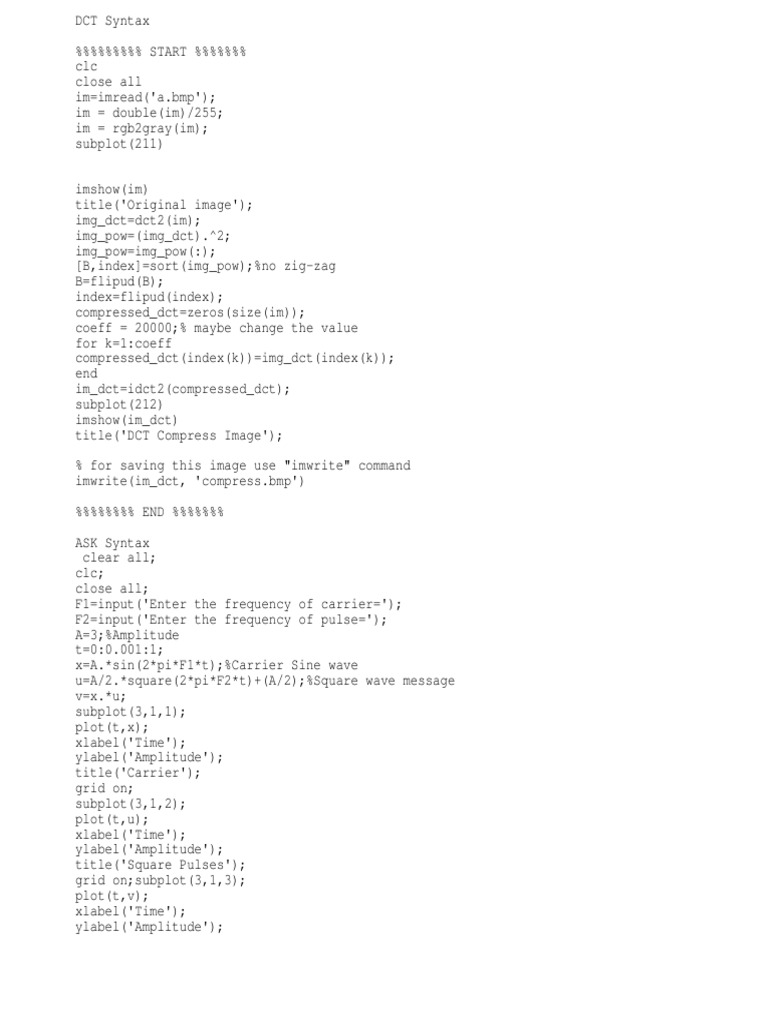 MATLAB DCT and ASK Modulation Code | PDF