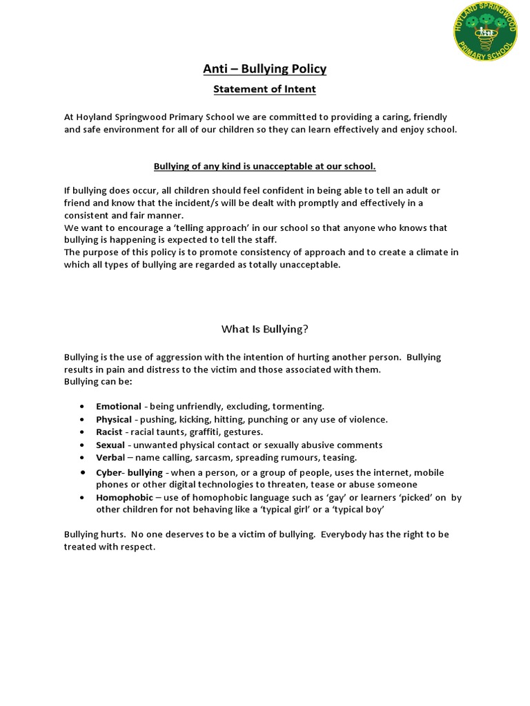 Anti Bullying Policy | PDF | Bullying | Cyberbullying