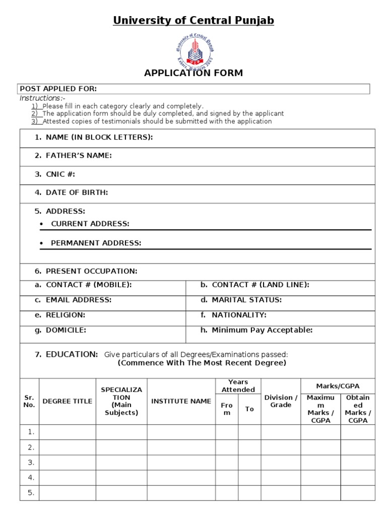 UCP Job Application Form Template | PDF