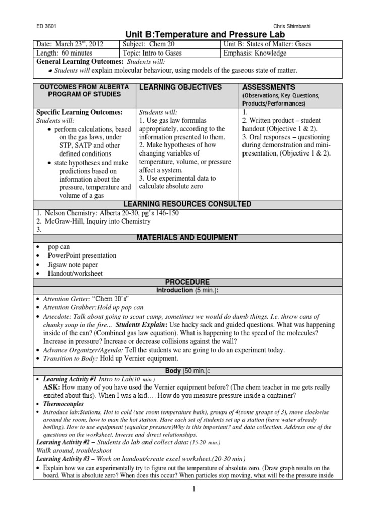6chem20 Temperaturepressurelab | PDF | Gases | Temperature