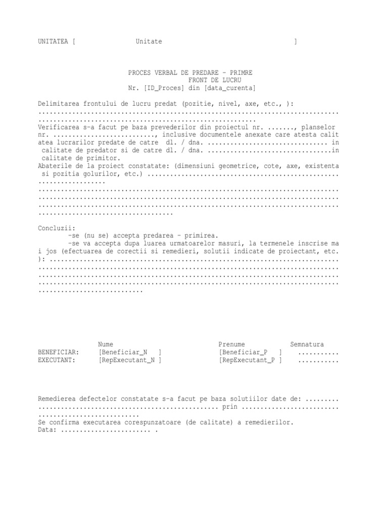 Proces Verbal de Predare Primire Front de Lucru