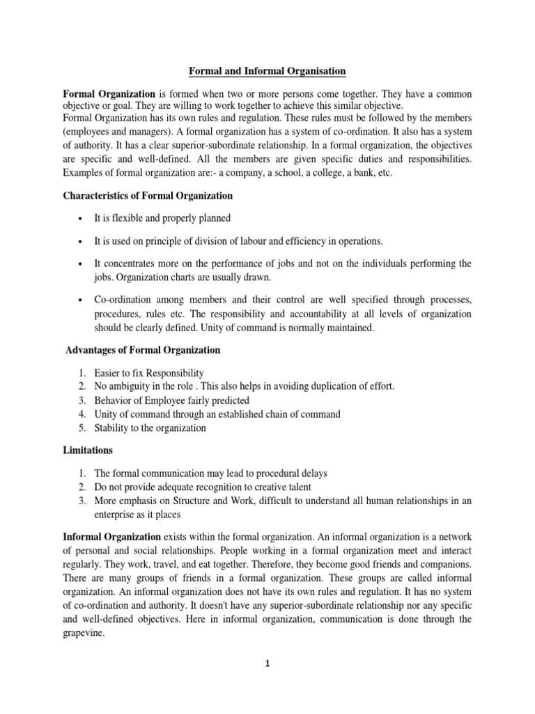 Formal vs. Informal Organizations | PDF | Employment | Behavioural Sciences