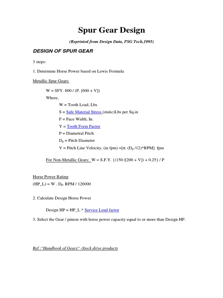 Spur Gear Design Calculations Guide | PDF | Horsepower | Gear