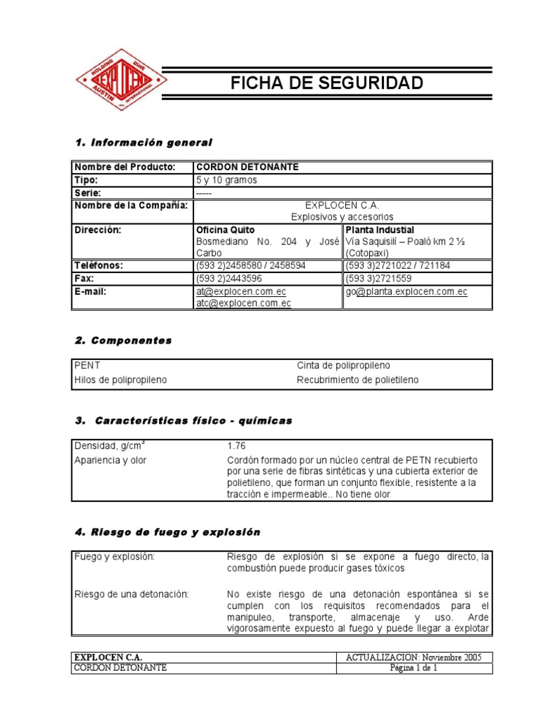 Ficha de Seguridad: Cordón Detonante | PDF | Material explosivo | Residuos