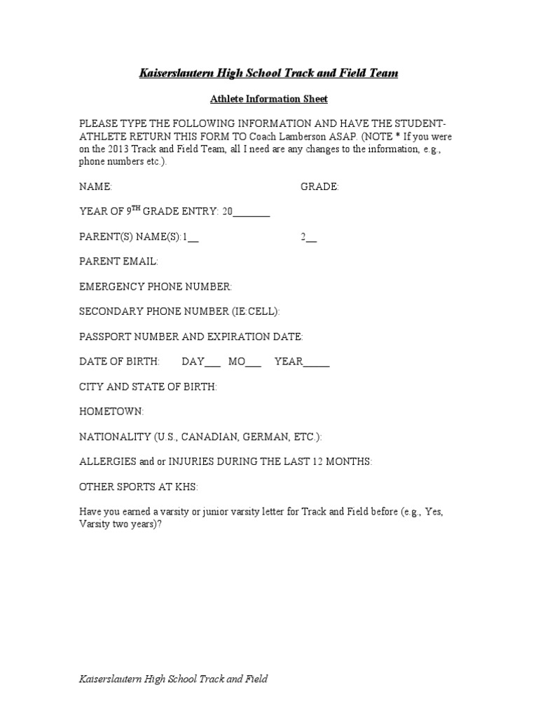 KHS Track and Field Athlete Info Sheet | PDF