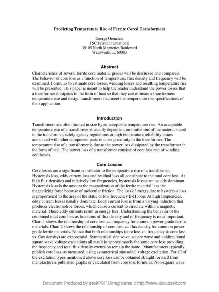 Predicting Temperature Rise Of Ferrite Cored Transformers Pdf Transformer Inductor